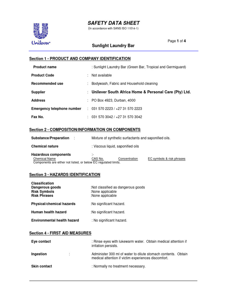 Sunlight Laundry Bar Safety Data Sheet | PDF | Dangerous Goods ...