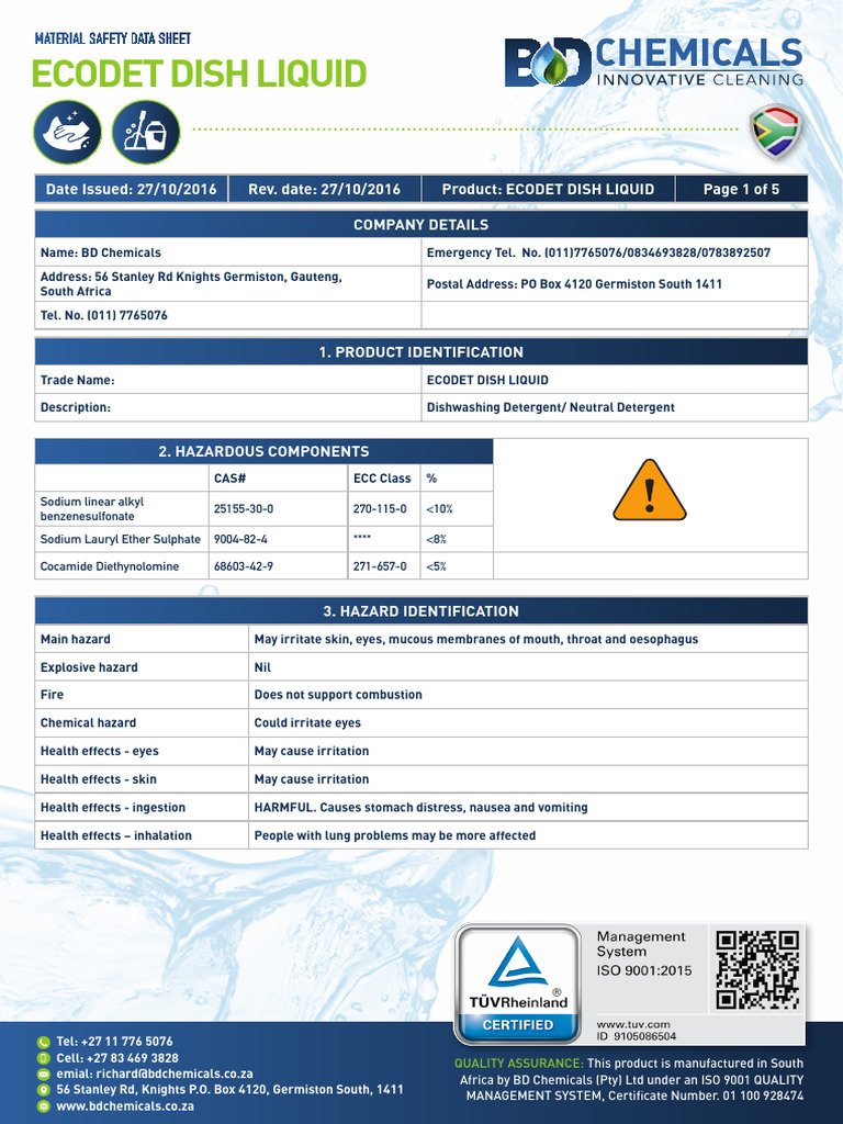 BDC_MSDS_ECODET-DISH-LIQUID-1 | PDF | Occupational Safety And Health ...