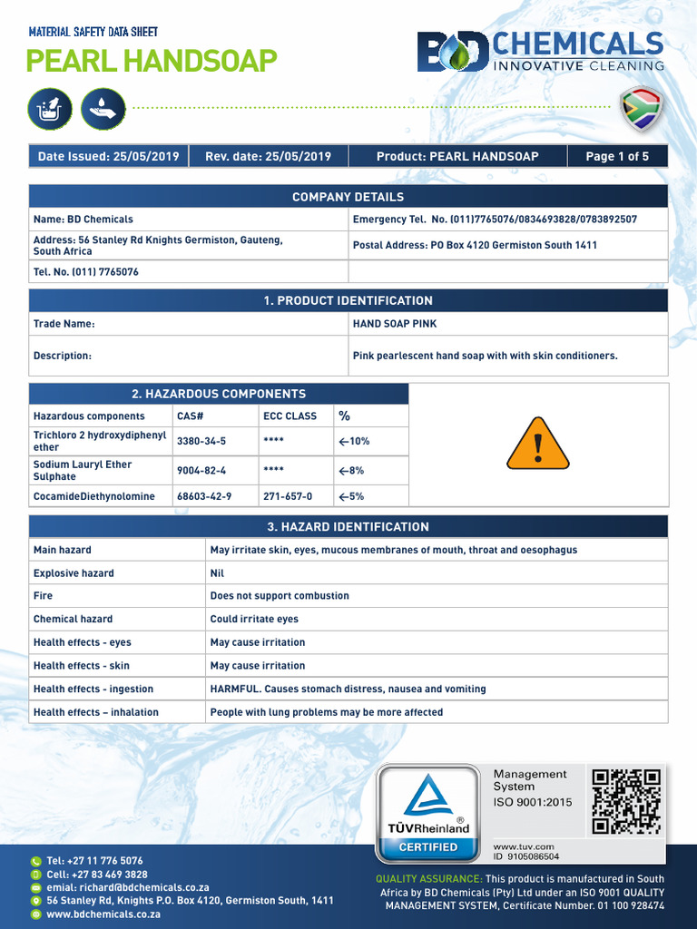 BDC MSDS Pearl-Handsoap | PDF | Occupational Safety And Health | Safety