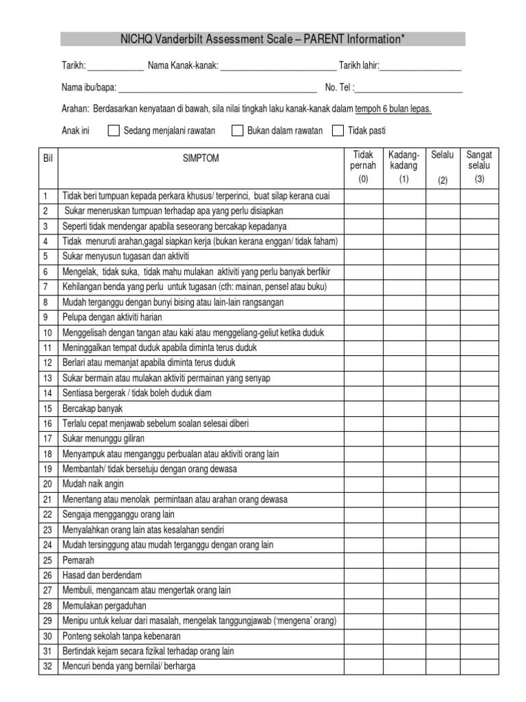 NO.13A & B - Parent N Teacher - NICHQ Vanderbilt Form | PDF