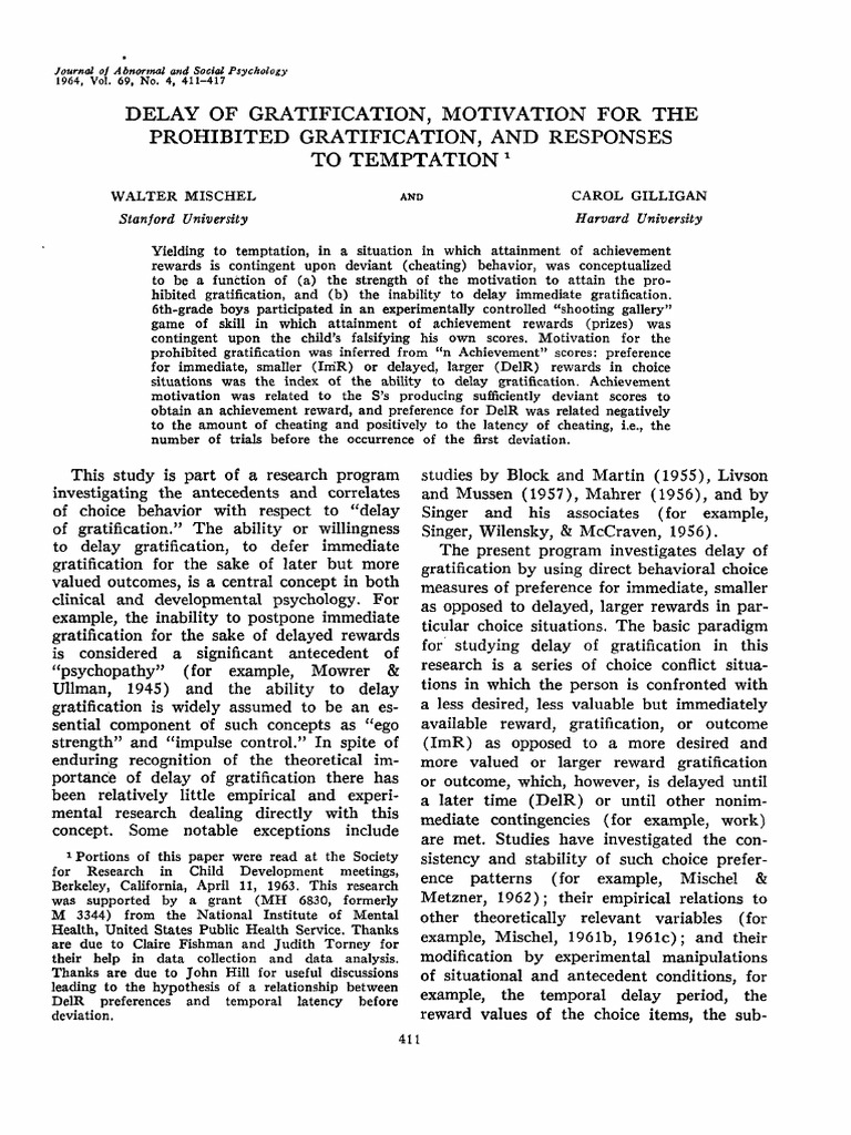 Delay of Gratification, Motivation For The Prohibited Gratification ...