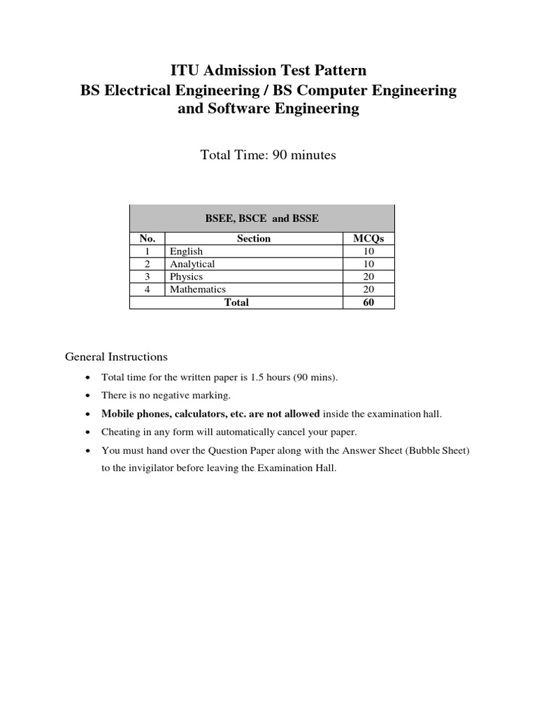 Itu Admission Test Pattern 2023 Bsee Bsce Bsse | PDF
