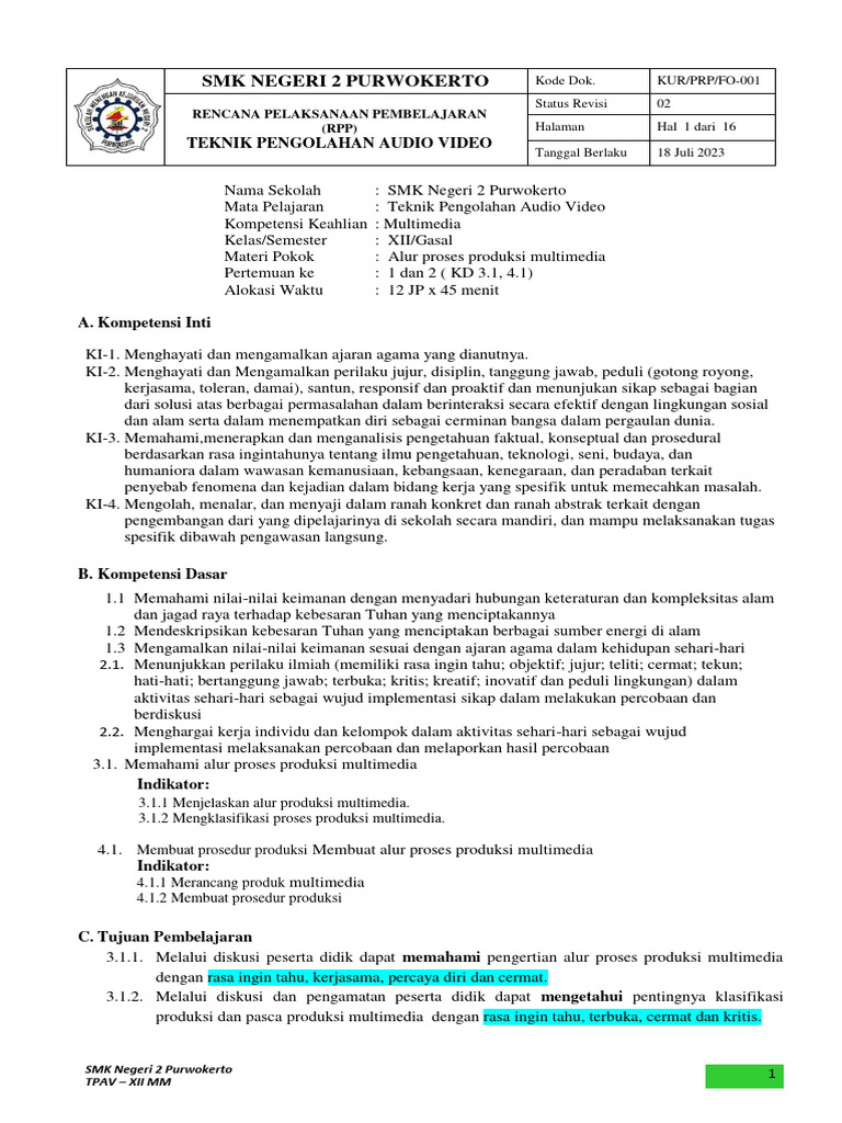 RPP 1 Tpav Xii KD 3.1 - 4.1 2023-2024 | PDF | Komputer | Teknologi & Rekayasa