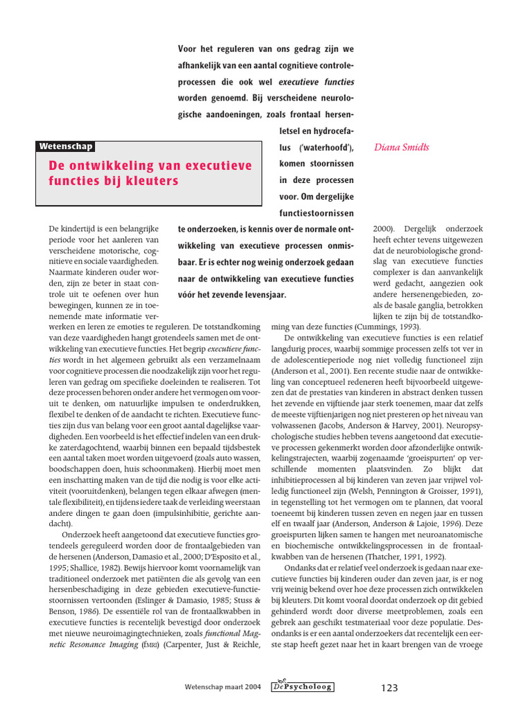 Smits D. (2004) - de Ontwikkeling Van Executieve Functies Bij Kleuters. de Psycholoog 123-127 | PDF