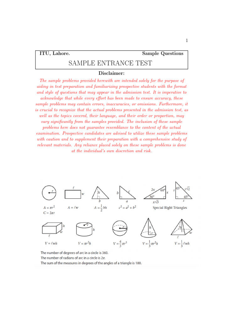 Sample Entrance Test Questions | PDF | Mathematics