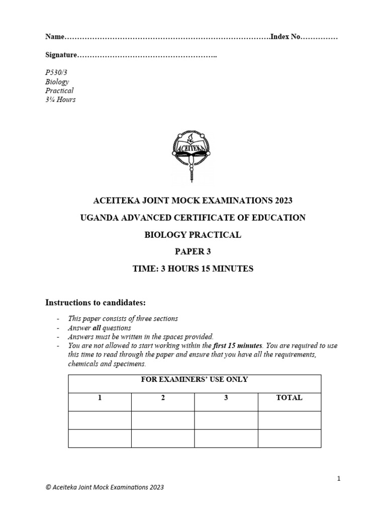 Aceiteka Joint Mock Examinations 2023 Biology s.6 | PDF | Biology