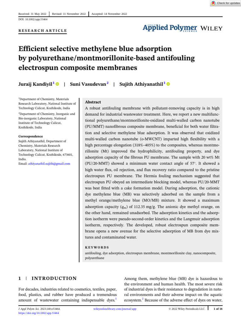 J of Applied Polymer Sci - 2022 - Kandiyil - Efficient Selective Methylene Blue Adsorption by ...