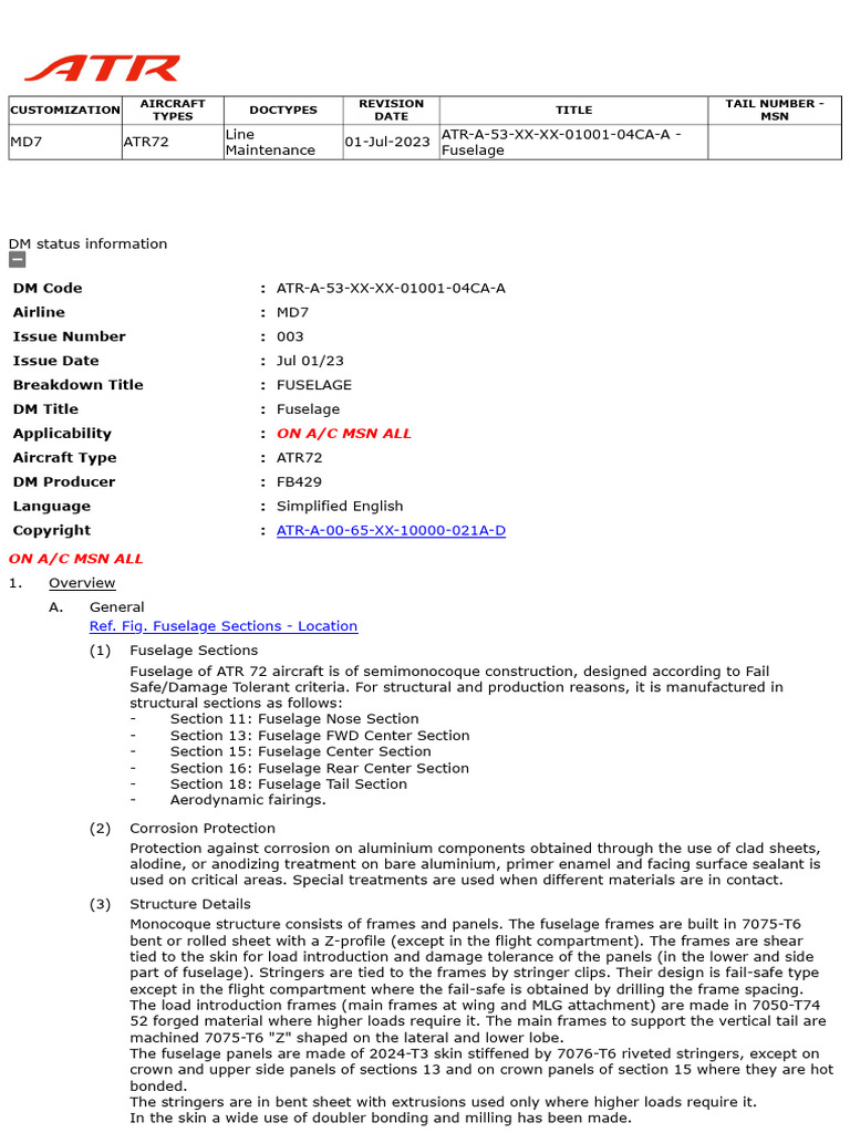 Figure ICN-ATR-A-530000-A-FB429-00VGT-A-001-01 (SHEET 1) - Fuselage ...