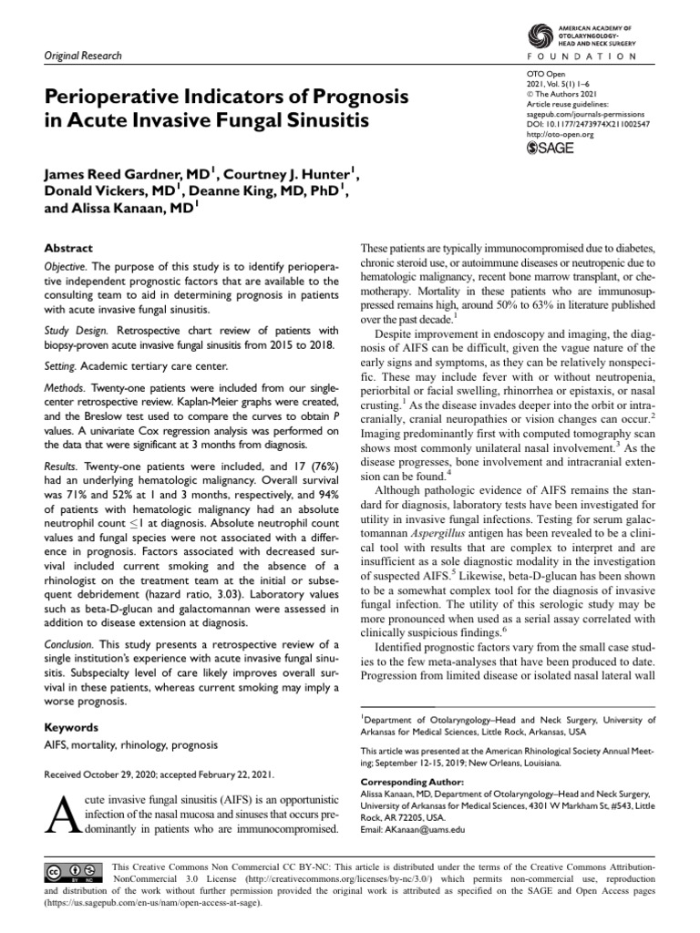 OTO Open - 2021 - Gardner - Perioperative Indicators of Prognosis in Acute Invasive Fungal ...