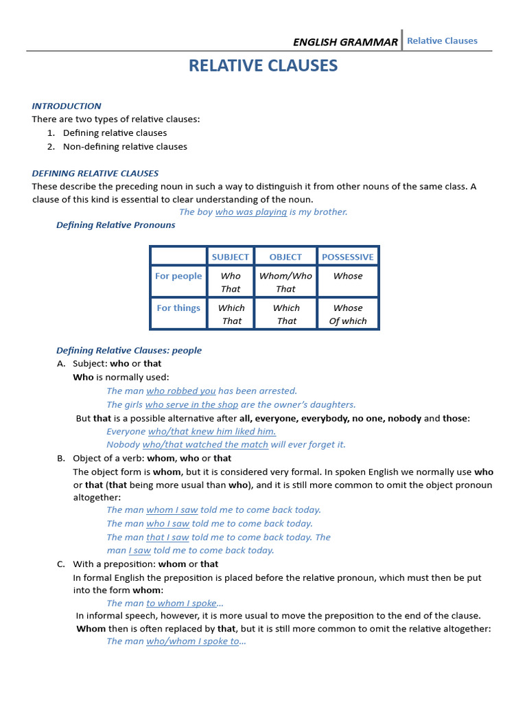 Relative Clauses | PDF | Subject (Grammar) | Syntax
