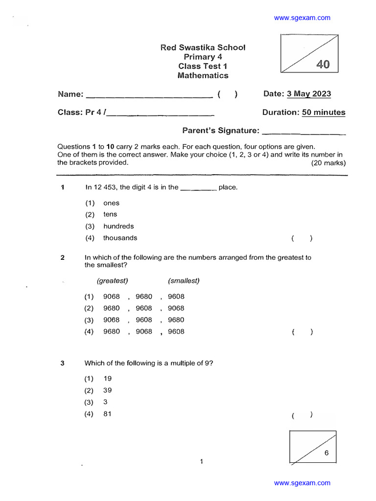 2023-P4-Maths-Weighted Assessment 1-Red Swastika | PDF