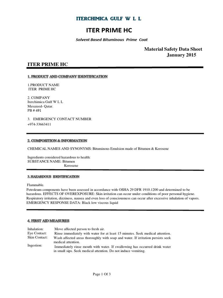 MSDS - PRIME COAT & TACK COAT | Download Free PDF | Water | Personal ...