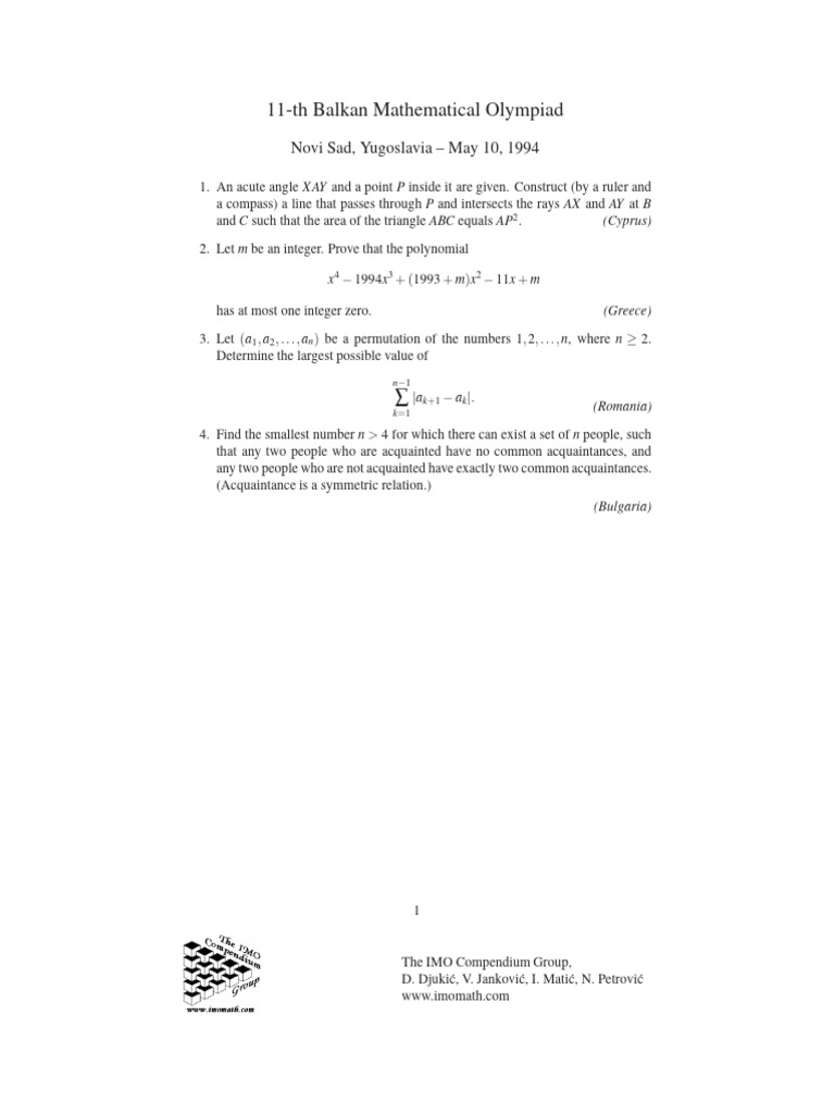 1994 Balkan Math Olympiad Problems | PDF | Social Science | Science ...