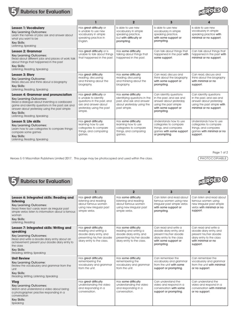 Heroes5 U5 Rubrics For Evaluation PDF | PDF | Vocabulary | Linguistics