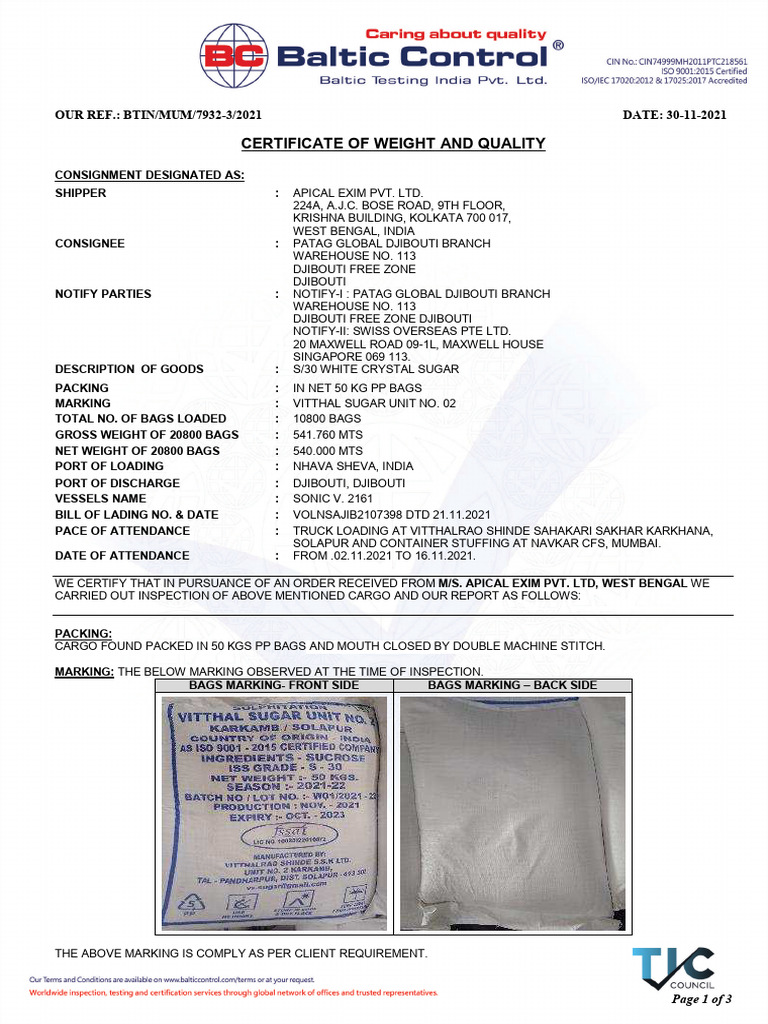 Certificate of Weight and Quality - BL VOLNSAJIB2107398 (AEPL CI075 ...