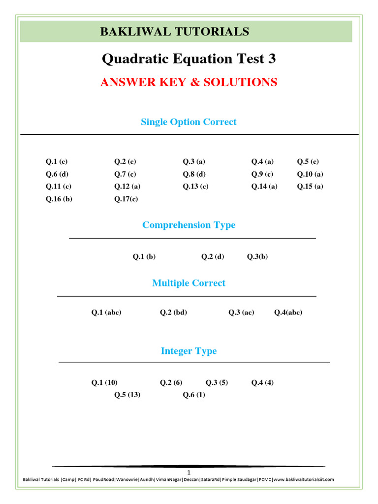 Quadratic Equation Test-3- SOLUTIONS | Download Free PDF | Mathematics ...