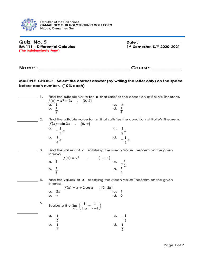 Quiz #5 - Indeterminate Forms | PDF | Functions And Mappings ...
