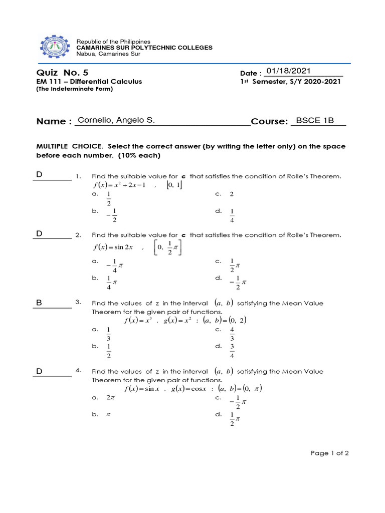 Quiz #5 - Indeterminate Forms-1 | PDF | Function (Mathematics) | Mathematical Logic