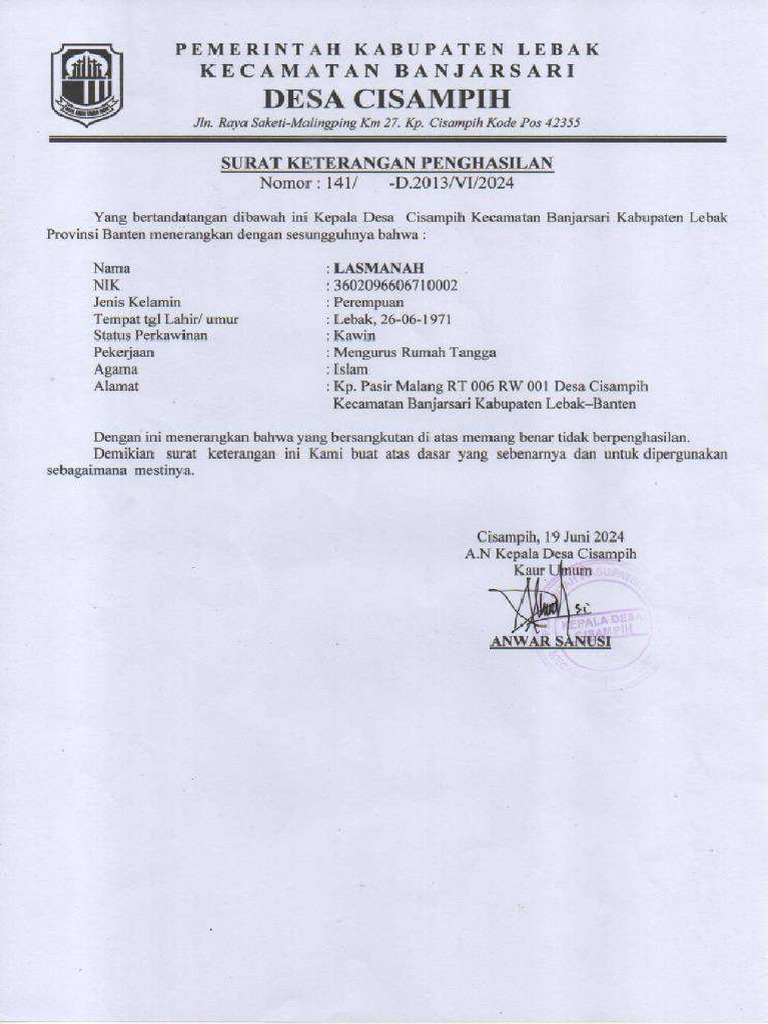 Contoh Surat Keterangan Penghasilan IRT | PDF