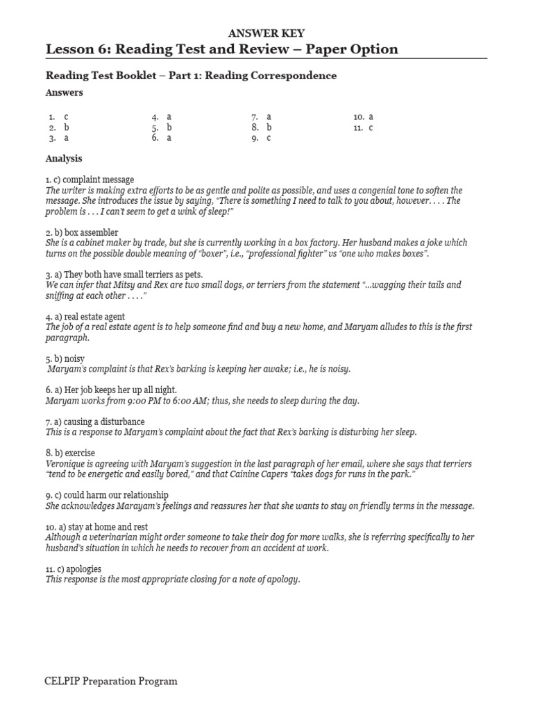 Answer Key Lesson 6 Reading Test and Review - Paper Option | PDF | Text ...