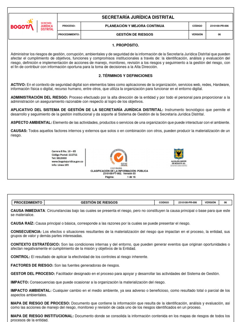 2310100-PR-006 Gestión de Riesgos V6 - Copia - Controlada | PDF ...