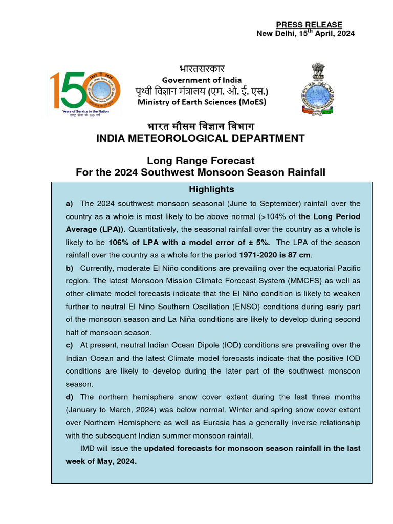 Long Range Forecast For The 2024 Southwest Monsoon Season Rainfall ...