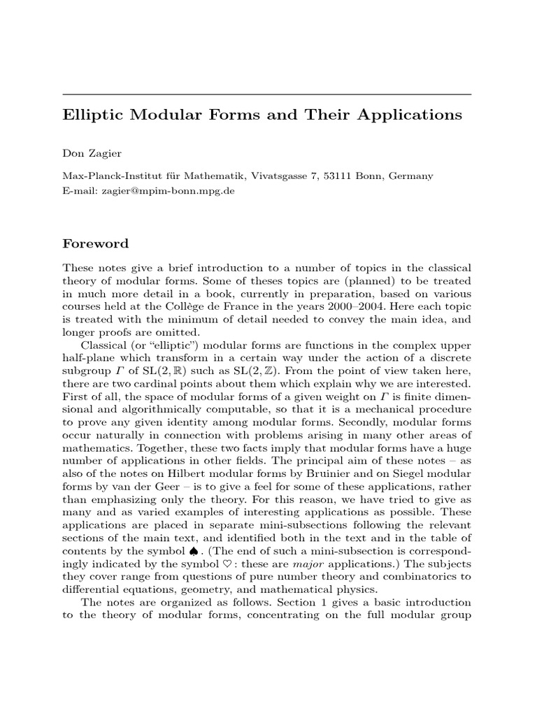 Zagier-Elliptic Modular Forms and Their Applications | PDF | Group (Mathematics) | Lattice (Group)