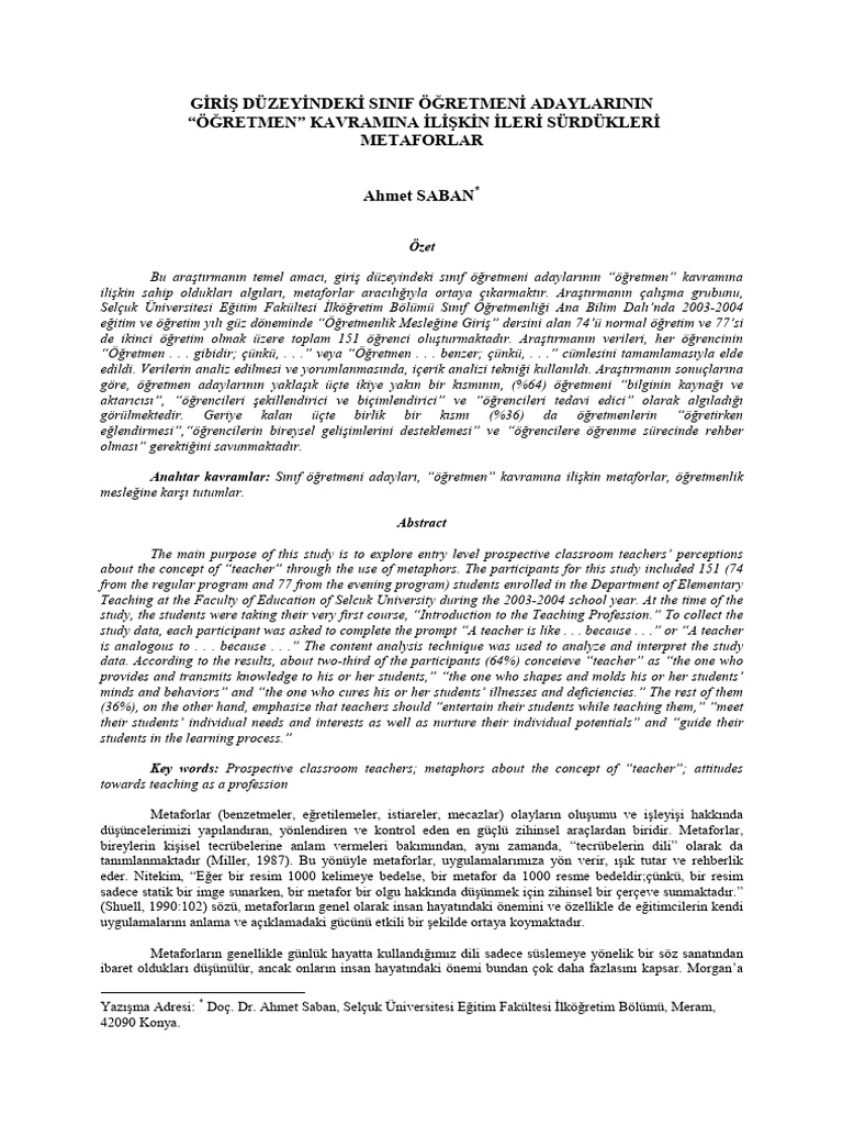 G R Düzey Ndek Sinif Ö Retmen Adaylarinin "Ö Retmen" Kavramina L K N Ler Sürdükler Metaforlar | PDF