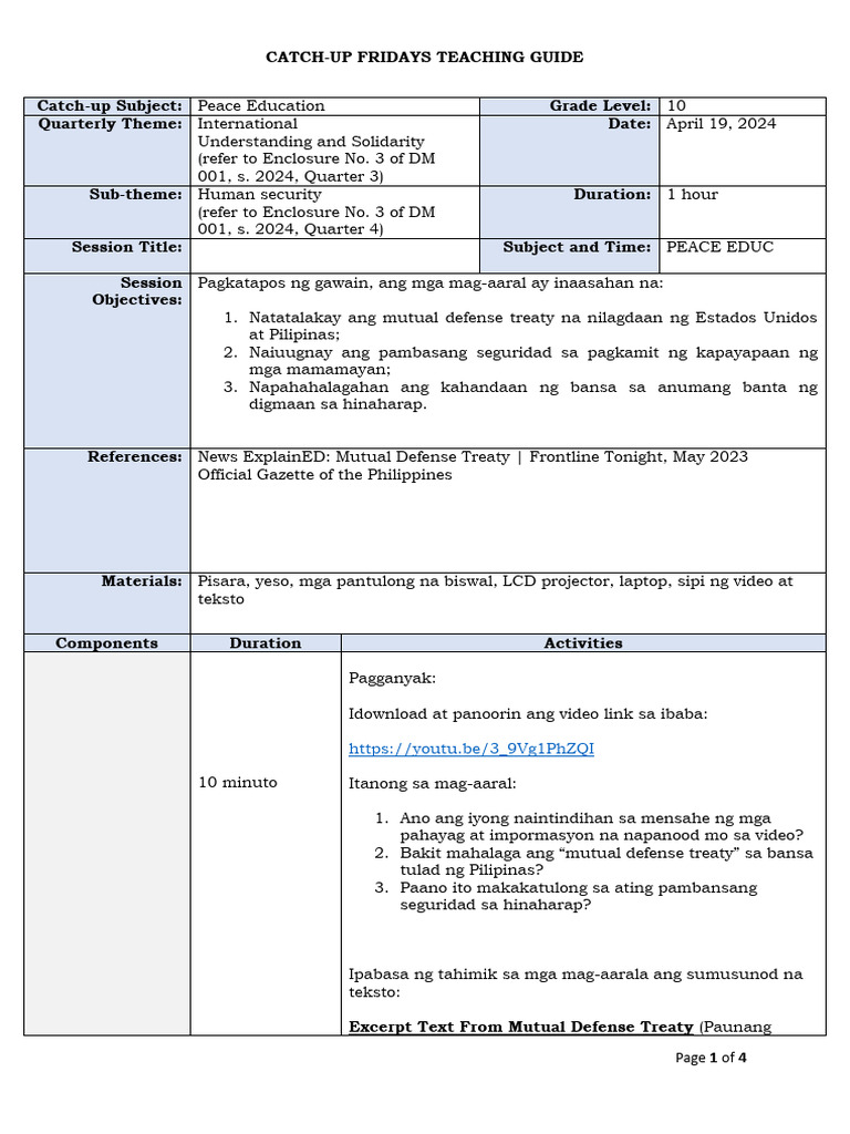 GR 10 Peace Educ TG April 19 | PDF