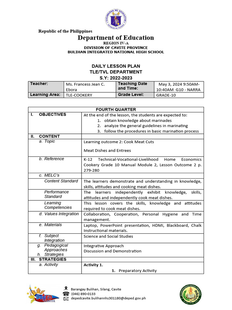 DLP Draft Tle Cookery | PDF | Marination | Learning