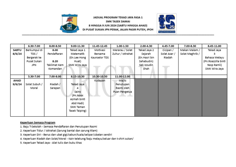 Jadual Program Tekad Jaya Jaya Fasa 1 | PDF
