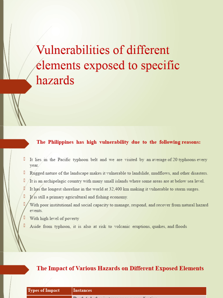 DRRR Week 4 Lesson 1 Vulnerabilities of Different Elements Exposed To Specific Hazards | PDF ...
