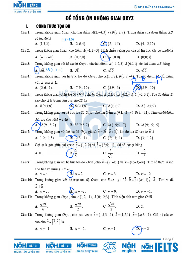 TỔNG-ÔN-HÌNH-HỌC-OXYZ-LẦN-1 | PDF