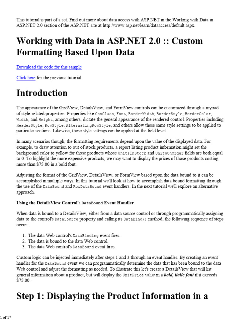 Working With Data in ASP - NET 2.0 :: Custom Formatting Based Upon Data | PDF | Software ...