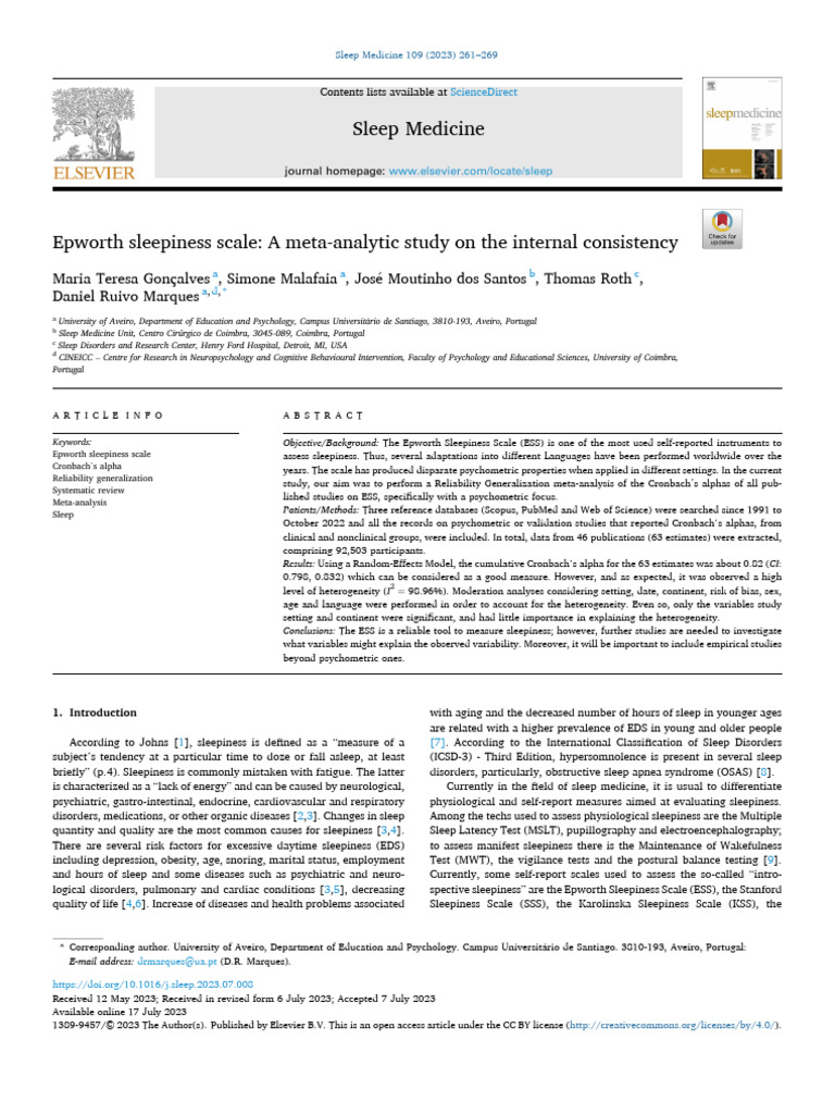 Epworth Sleepiness Scale A Meta Analytic Study On The Inte 2023 Sleep ...