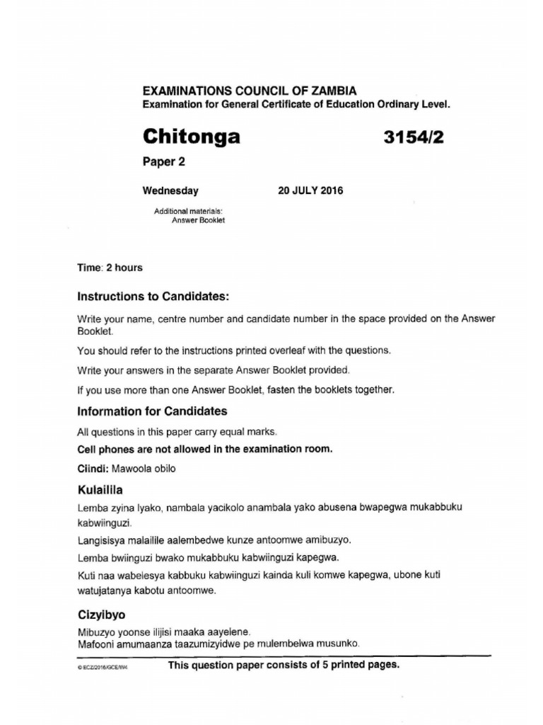 g12 Chitonga p2 2016 Gce | PDF