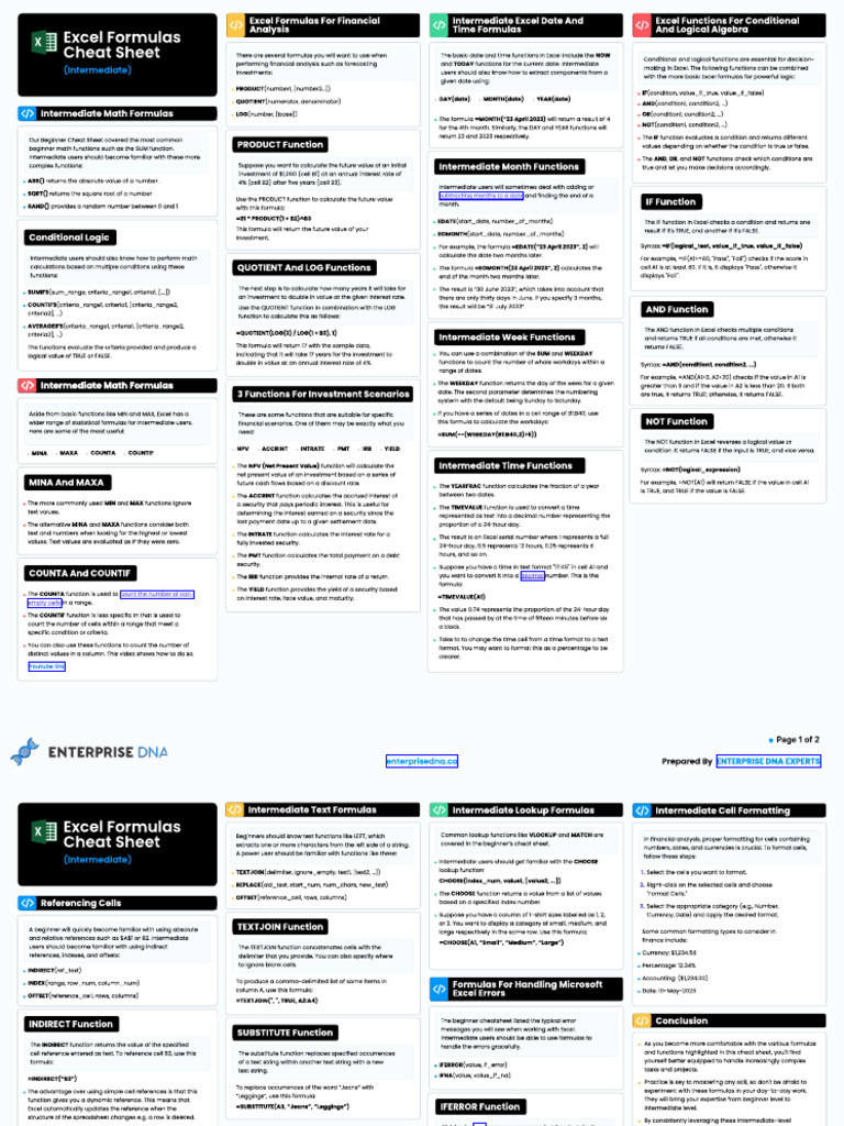 Intermediate Excel Formulas Cheat Sheet | PDF | Net Present Value ...
