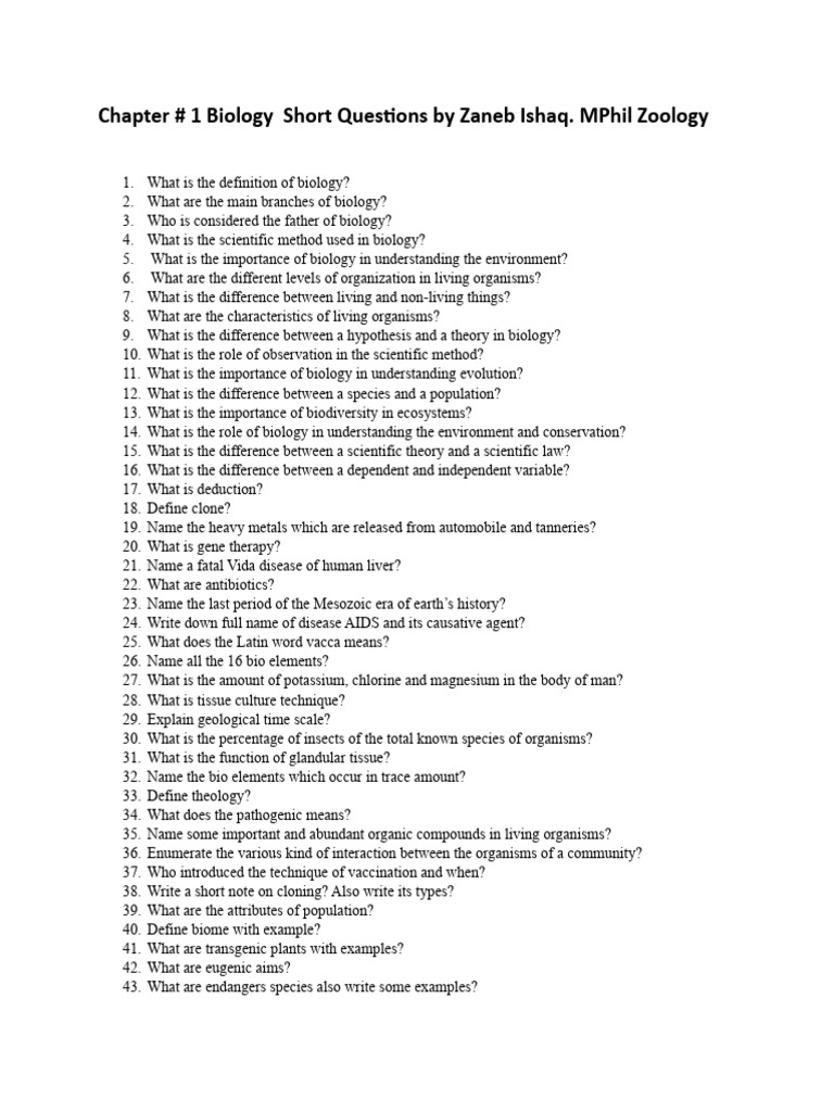 Biology Short Questions for MPhil Students | PDF | Biology | Natural ...