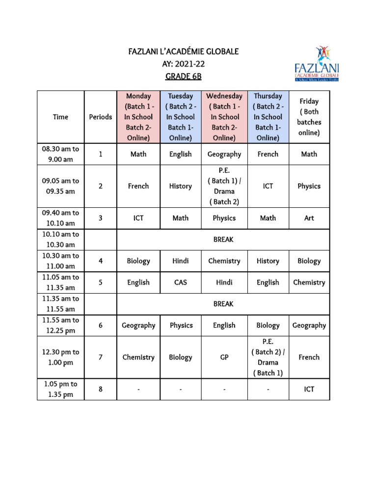 Time Table For Grade 6 B | PDF