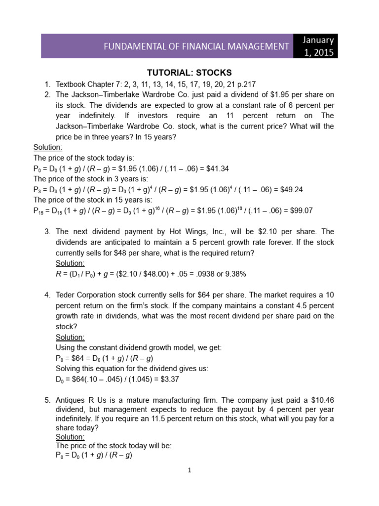 Tutorial Stocks Solution | PDF | Dividend | Stocks