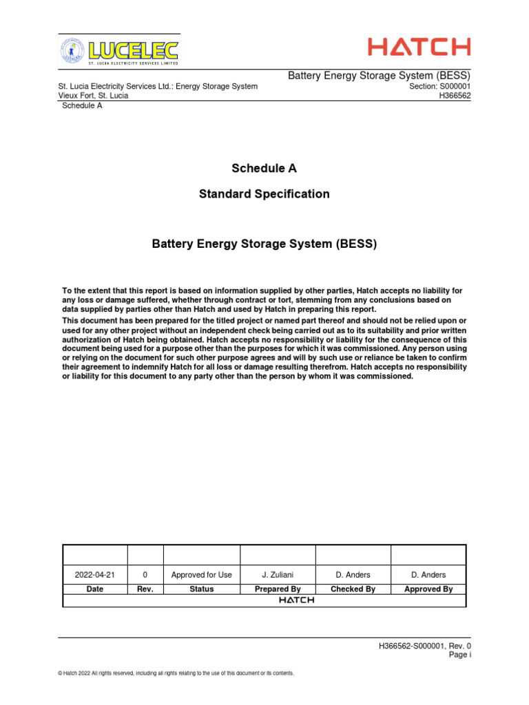 Schedule A - Battery Energy Storage System (BESS) Specification | PDF ...