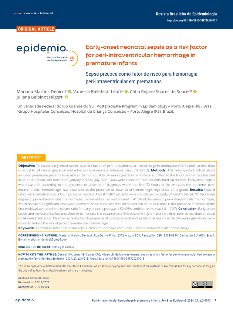 Early-Onset Neonatal Sepsis as a Risk Factor for Peri-Intraventricular ...