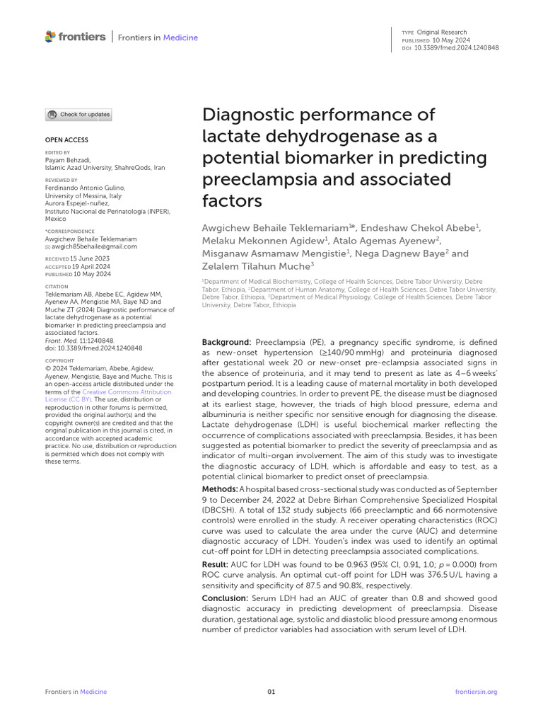 Diagnostic Performance of Lactate Dehydrogenase As A Potential Biomarker in Predicting ...