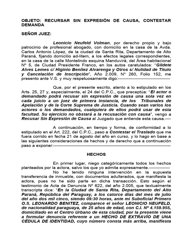 Contestar Nulidad de Título | PDF | Ley politica | Accion legal