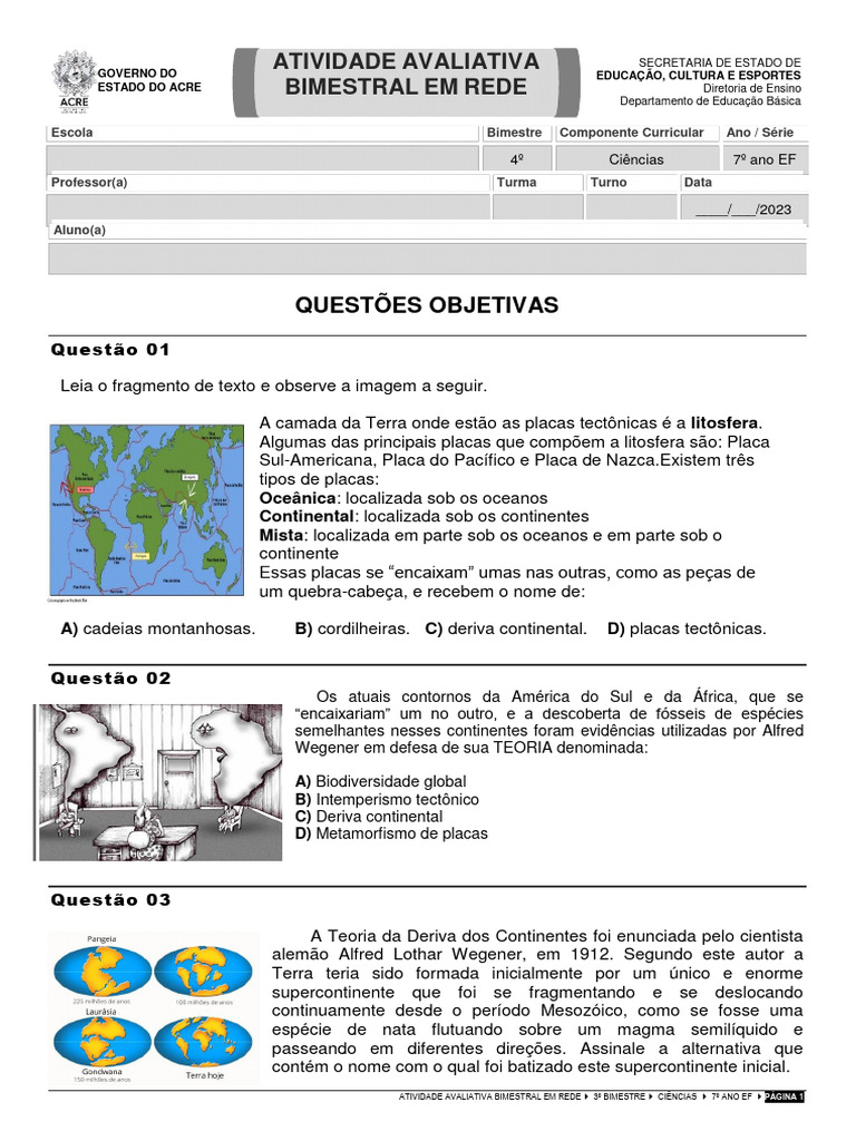 4 Ativ. Ava. Bim. - Ciências - 7º Ano - 88 Cópias | PDF | Placas tectônicas | Continente