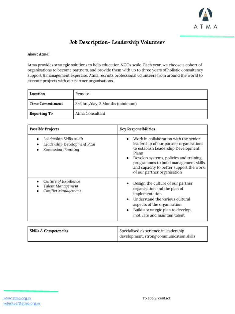 Leadership Volunteer Job Description | PDF | Leadership | Consultant