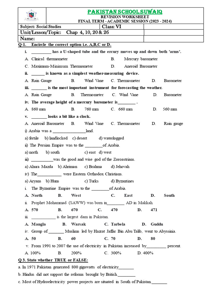 SST 6th Final Term REVISION Worksheet 2023. 24 | PDF | Watt | Pakistan