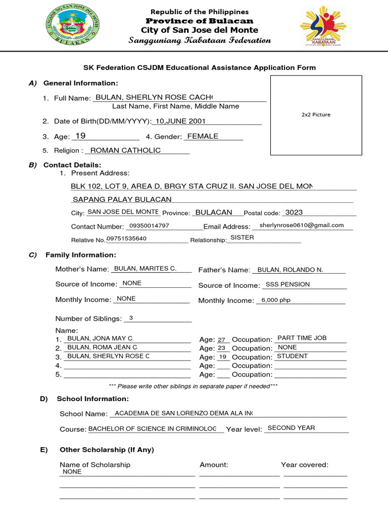 SK Federation CSJDM Educational Assistance Application Form | PDF