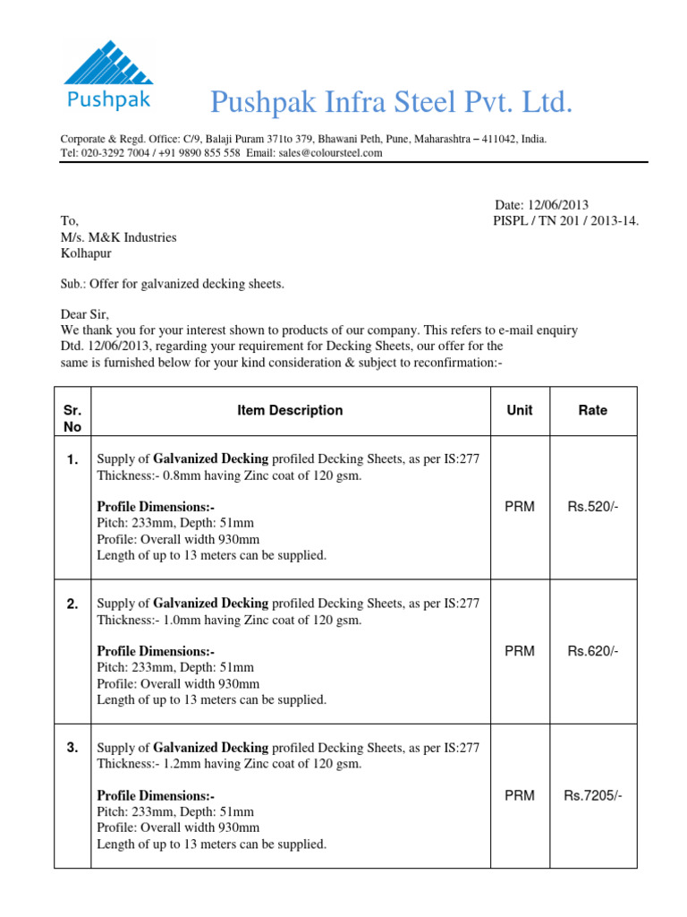 Pushpak Infra Steel Deck Quotation | PDF