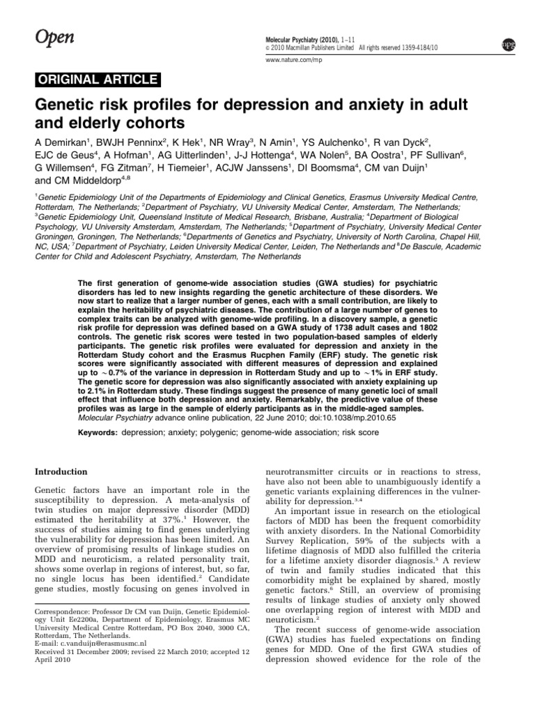 Genetic Risk Profiles For Depression and Anxiety in Adult and Elderly ...